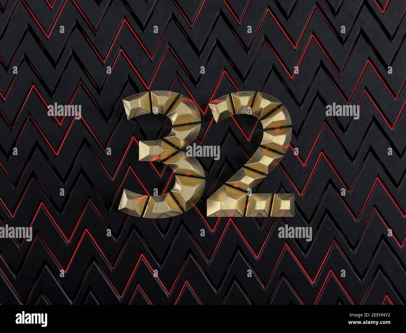 Number thirty-two (number 32) made from gold bars on dark background ...