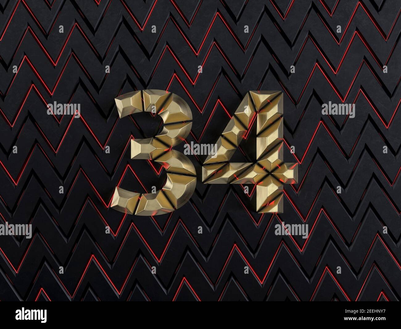 Number thirty-four (number 34) made from gold bars on dark background ...