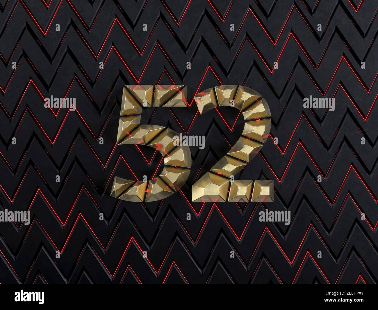 Number fifty-two (number 52) made from gold bars on dark background ...