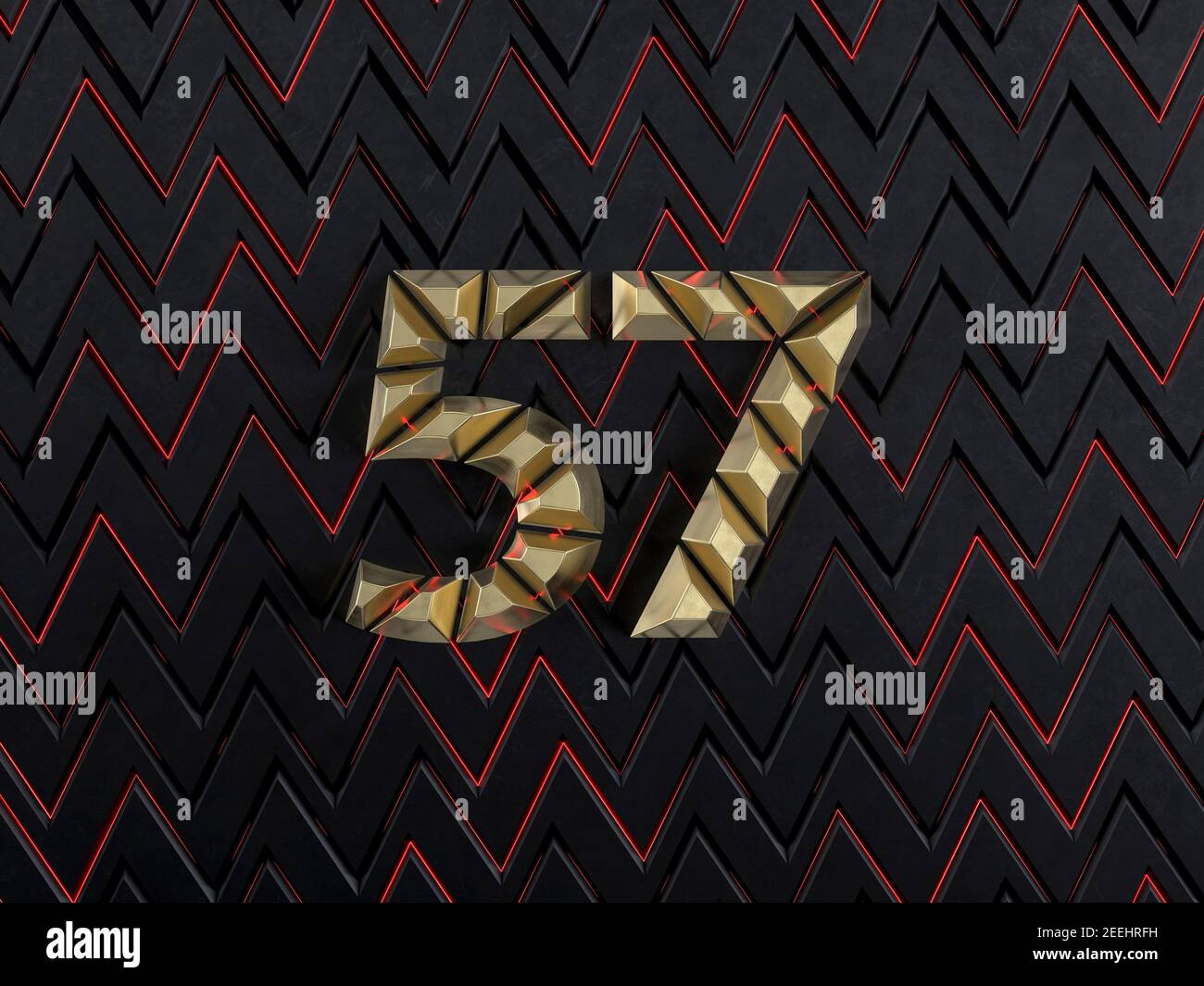 Number fifty-seven (number 57) made from gold bars on dark background ...