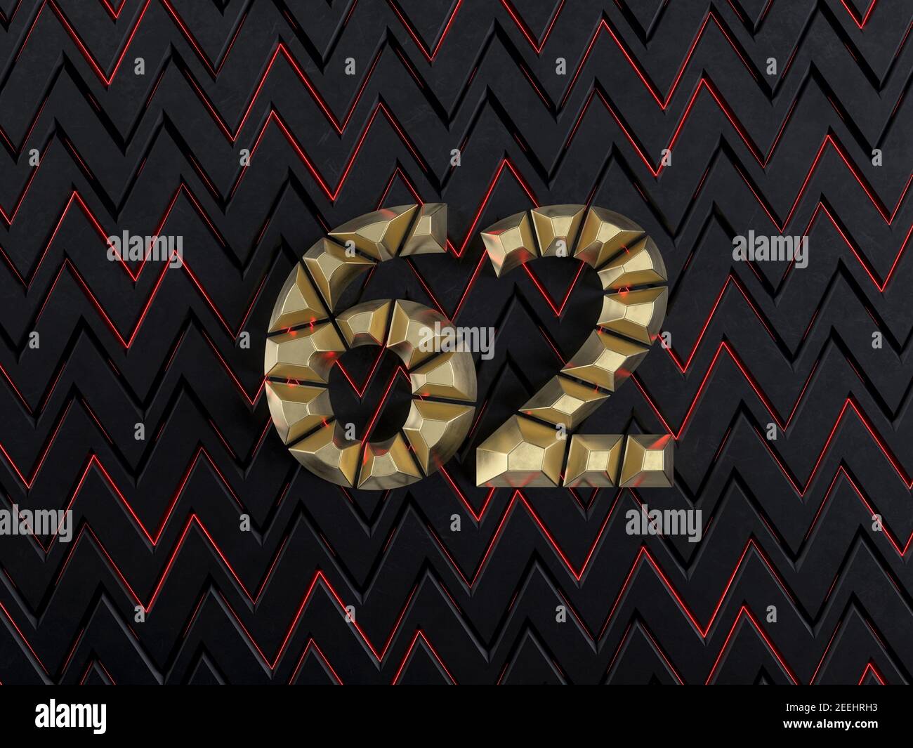 Number sixty-two (number 62) made from gold bars on dark background ...