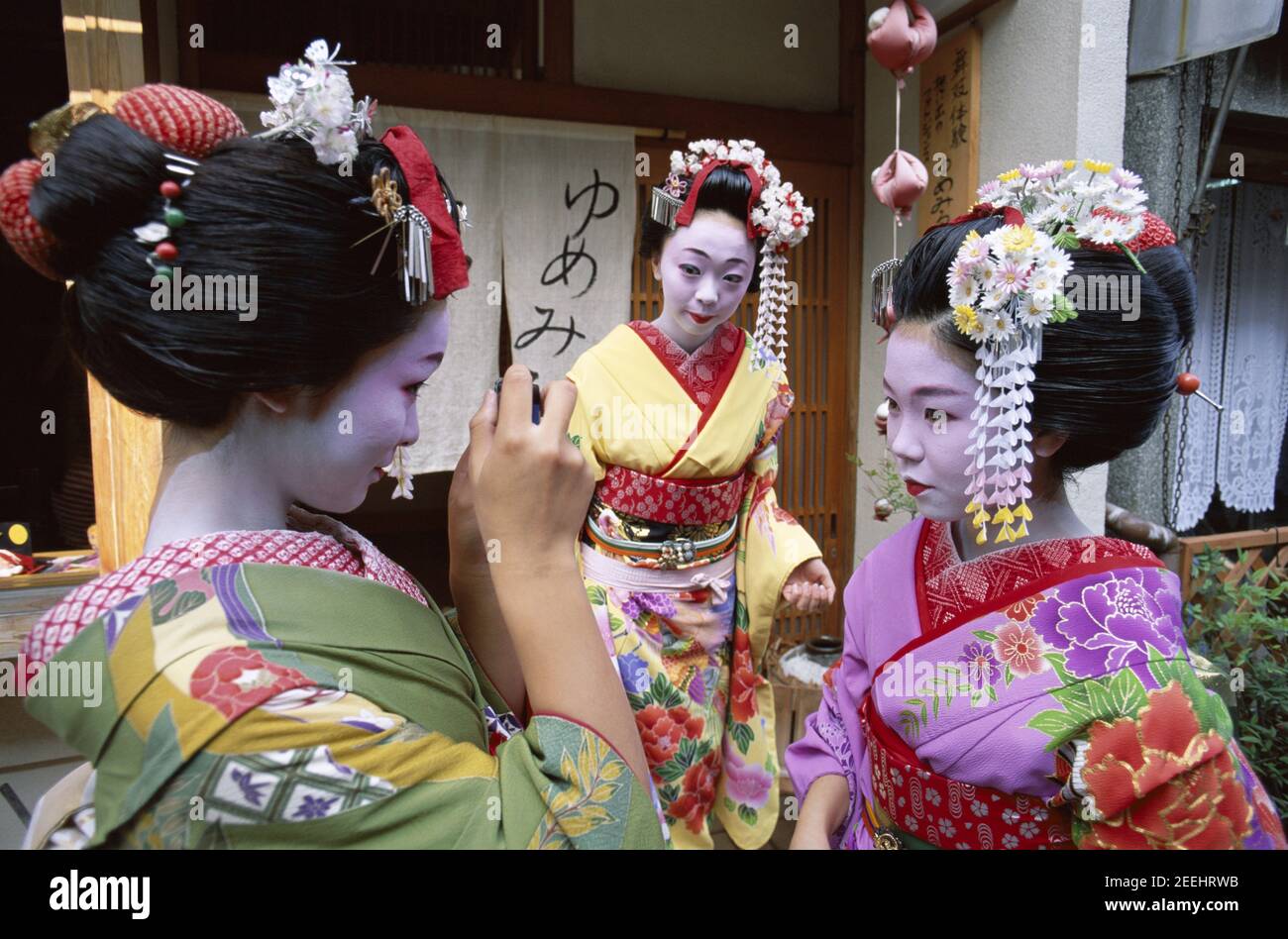Japan, Honshu, Kyoto, Gion District, Three Girls Dressed as Geisha ...