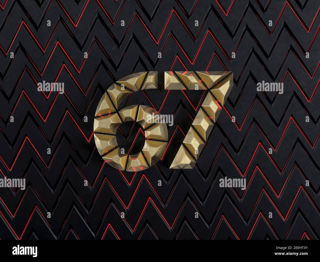 Number sixty-seven (number 67) made from gold bars on dark background ...
