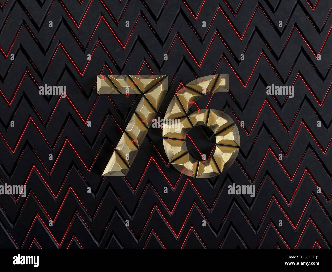 Number seventy-six (number 76) made from gold bars on dark background ...