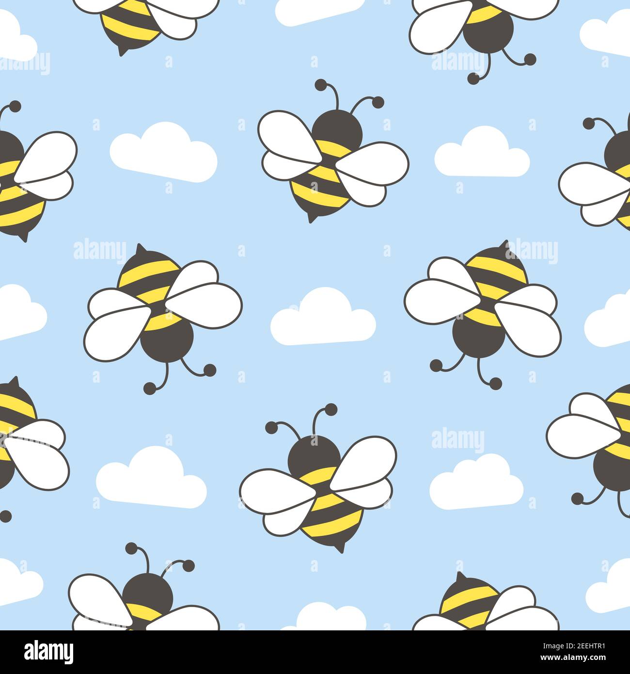 Seamless pattern with flying bees. Vector cartoon black and yellow bees ...