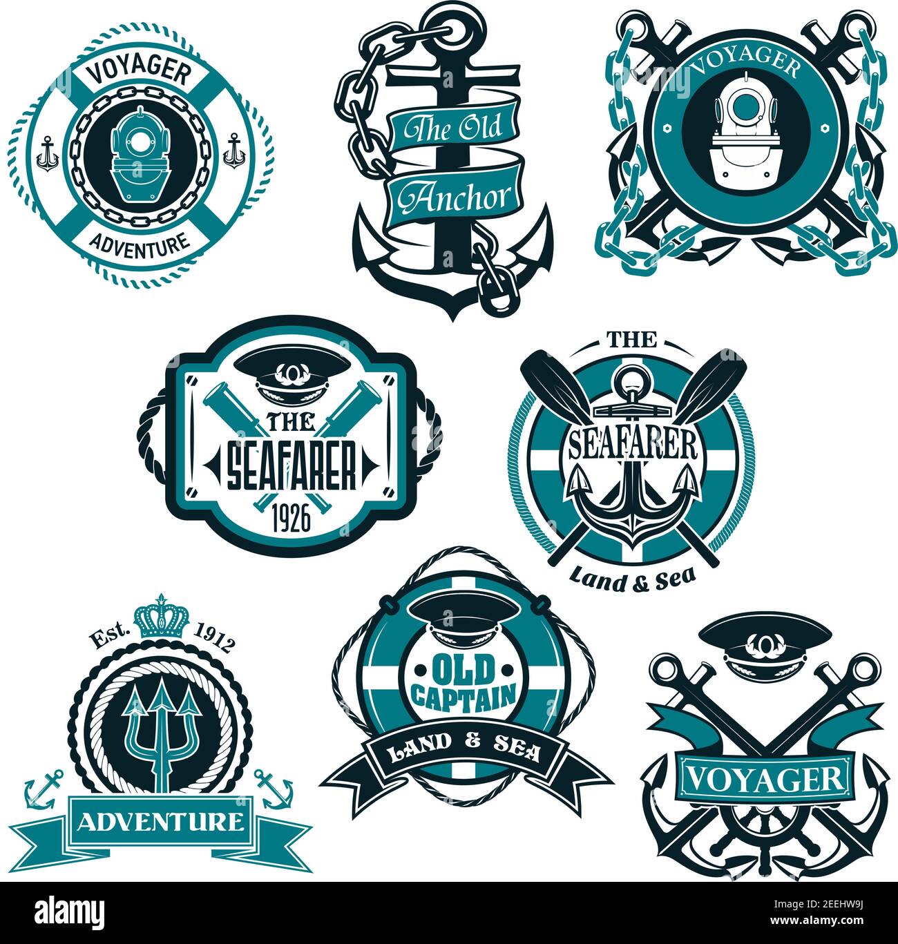 Nautical heraldic icons set. Vector isolated symbols of ship anchor and ...