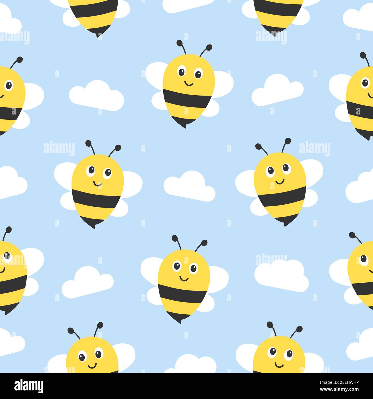 Seamless pattern with flying bees. Vector cartoon black and yellow bees ...