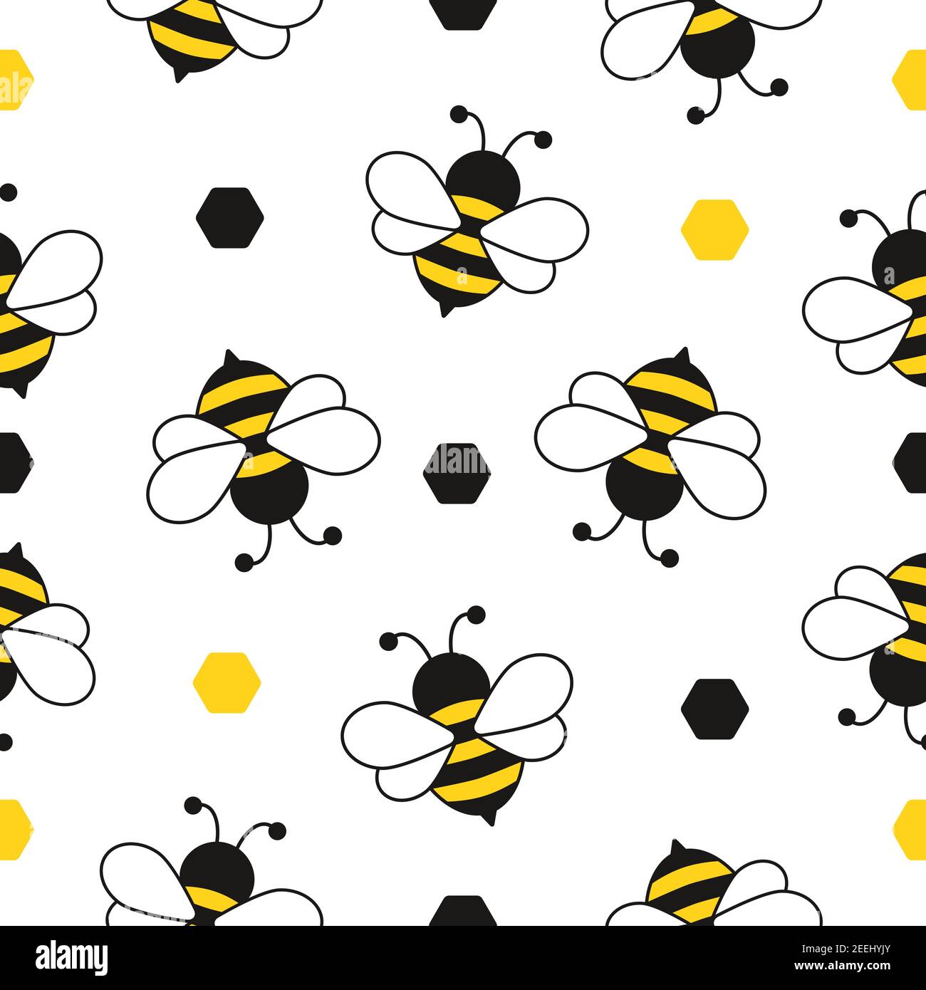 Seamless pattern with flying bees. Vector cartoon black and yellow bees ...