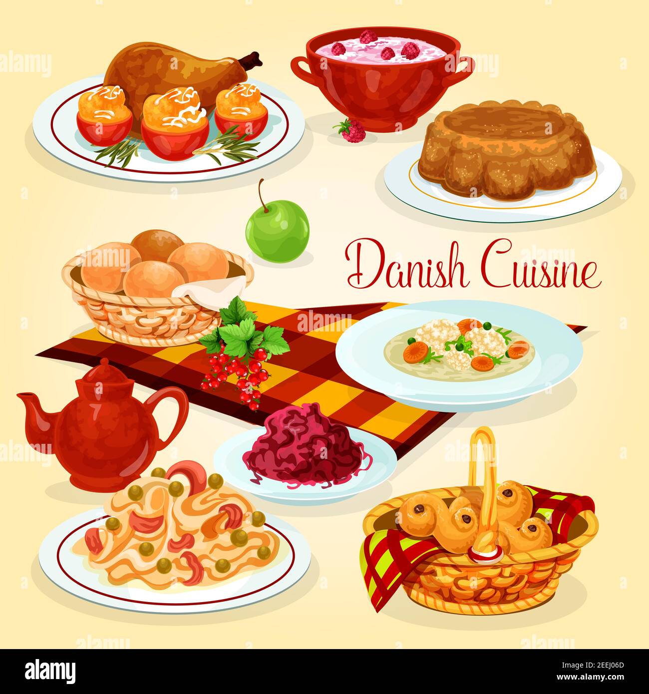 Danish cuisine healthy lunch dishes cartoon icon. Fish pasta and red ...