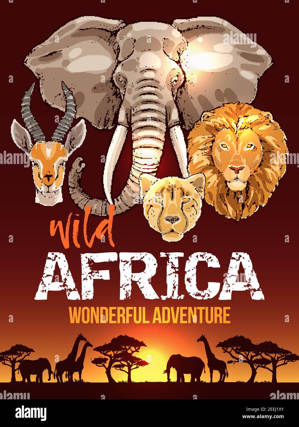 African safari poster with wild animals. Elephant, giraffe, lion ...