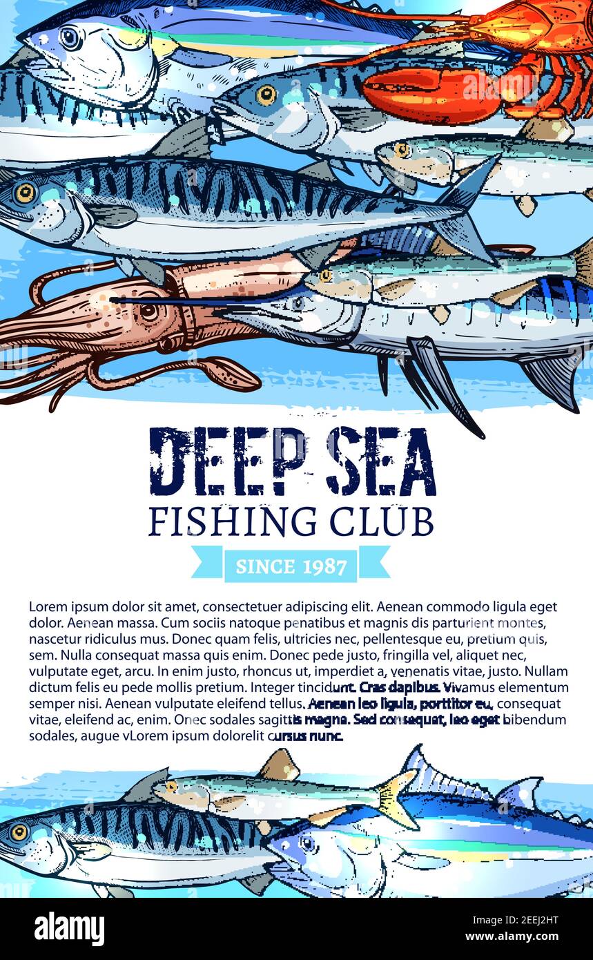Fishing club banner with seafood and fish. Swimming tuna, blue marlin ...