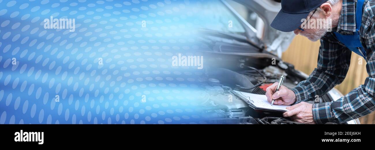 Car mechanic checking a car engine and writing on clipboard; panoramic ...