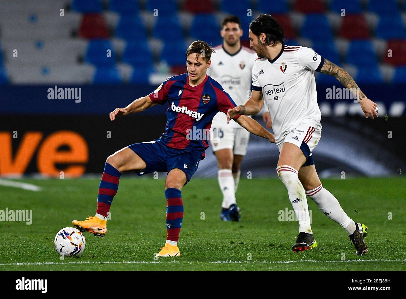 VALENCIA, SPAIN - FEBRUARY 14: Dani Gomez of Levante UD, Juan Cruz of ...