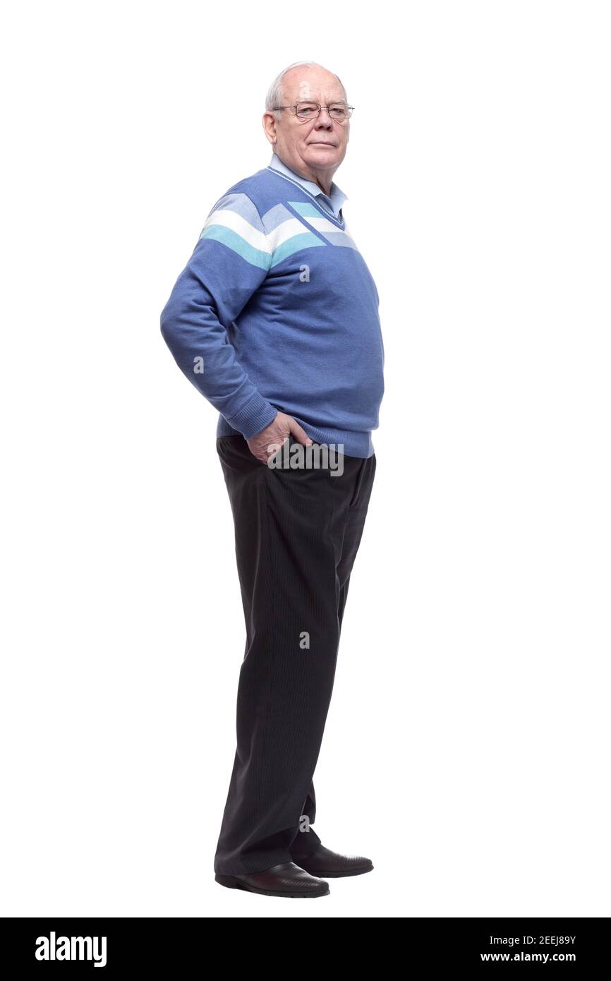 side view. senior man in a jumper looking at a white screen Stock Photo ...