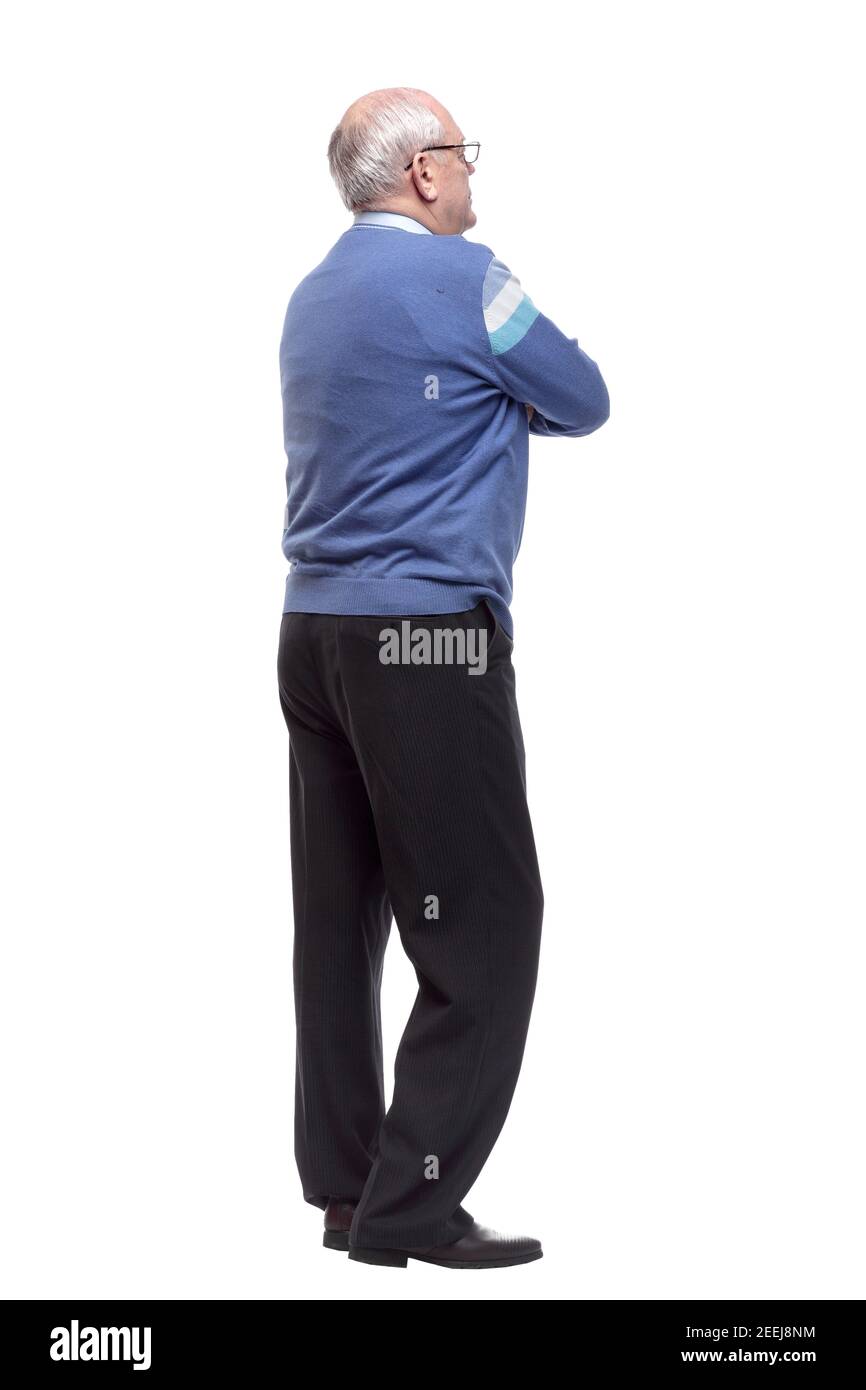 side view. senior man looking closely at the white screen Stock Photo ...