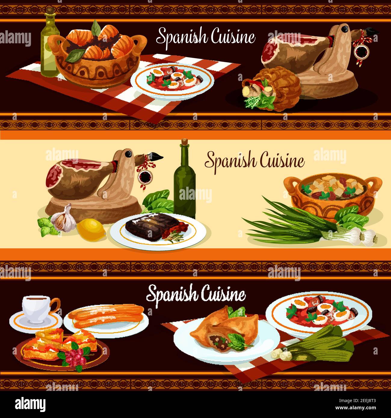 Spanish cuisine traditional meal restaurant menu banner set. Iberian ...