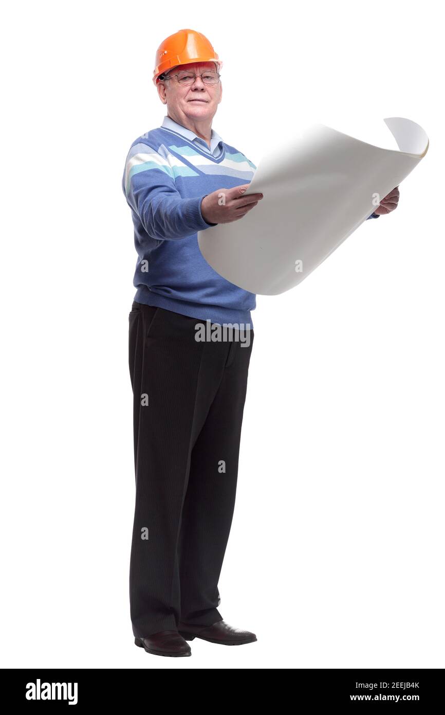 side view. senior engineer with drawings pointing at the white screen ...