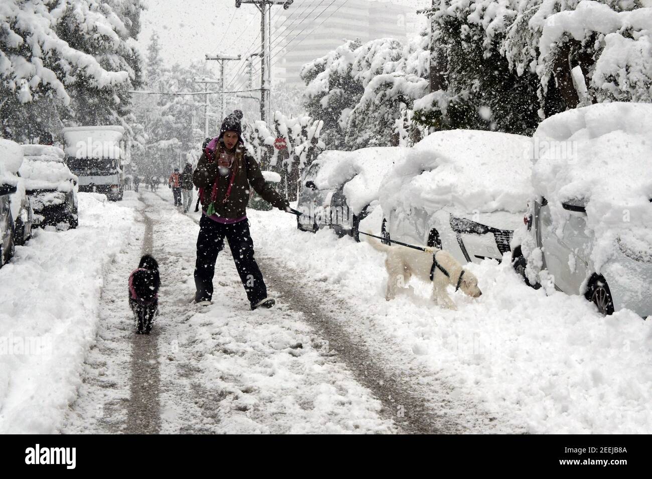 Athens, Greece. 16th Feb., 2021. People walk in a street covered in ...
