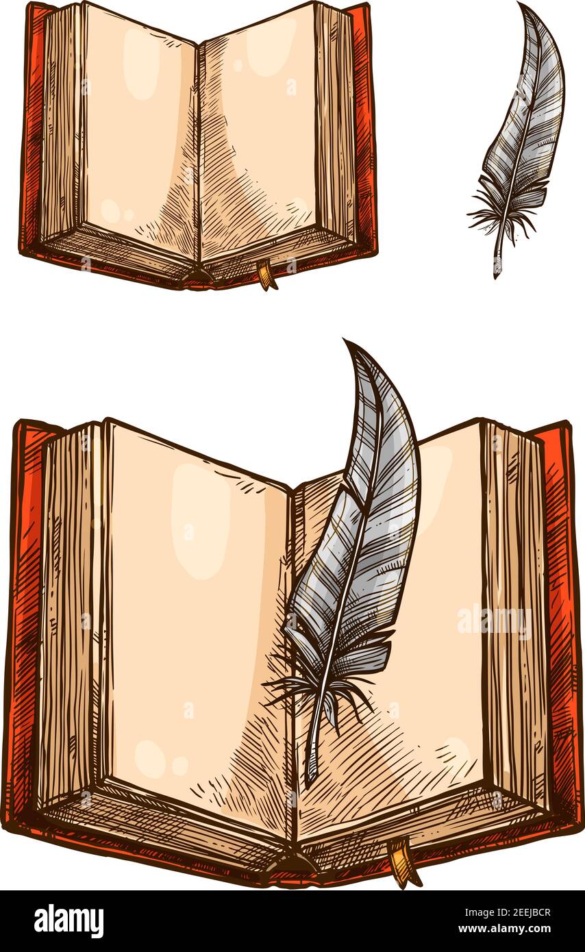 Old book with empty page and feather pen isolated sketch. Open ...