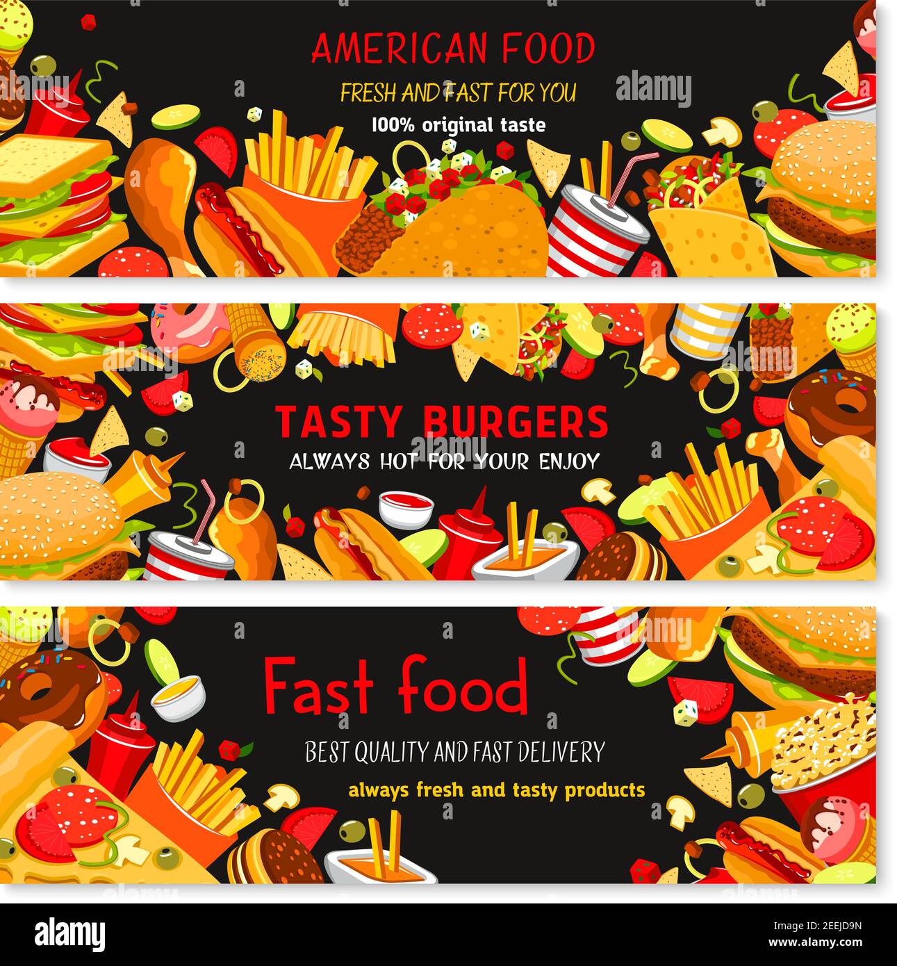 Fast food restaurant vector banners. Set of fastfood meals and snacks ...