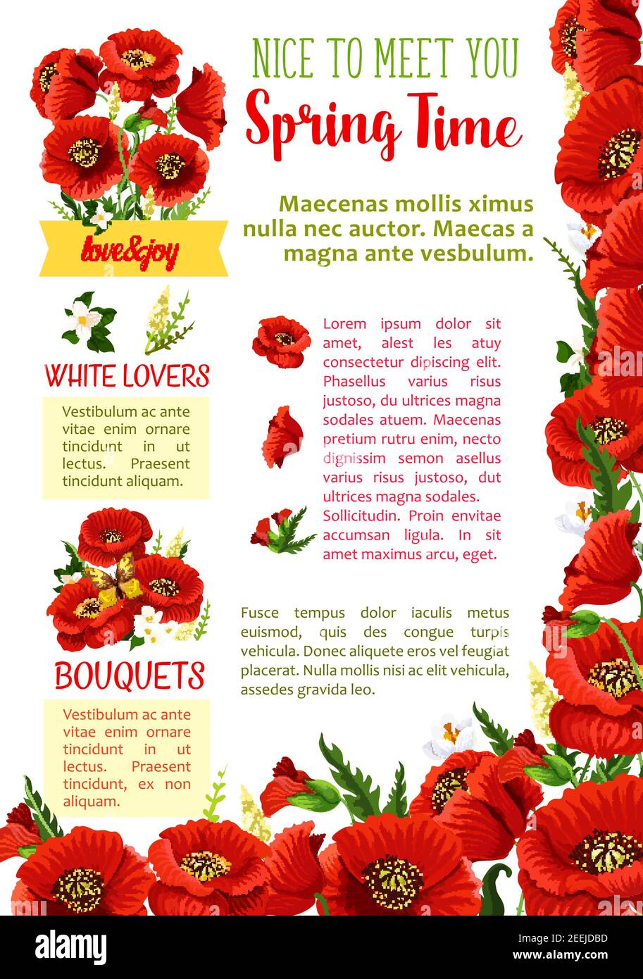 Spring season flower bouquet greeting poster. Floral bunch of poppy ...