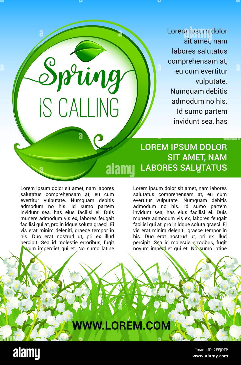 Spring time vector poster with blooming lily of valley flowers on green ...