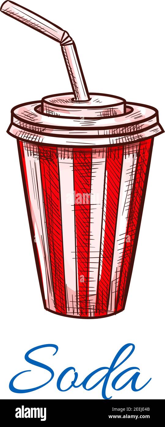 Soda drink sketch in fast food paper cup with plastic lid and drinking ...