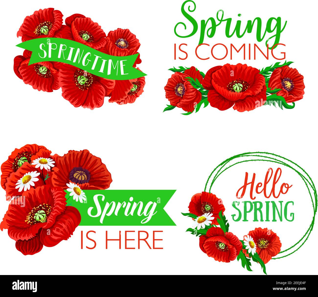 Spring time quotes and greetings on isolated floral bouquets. Vector ...