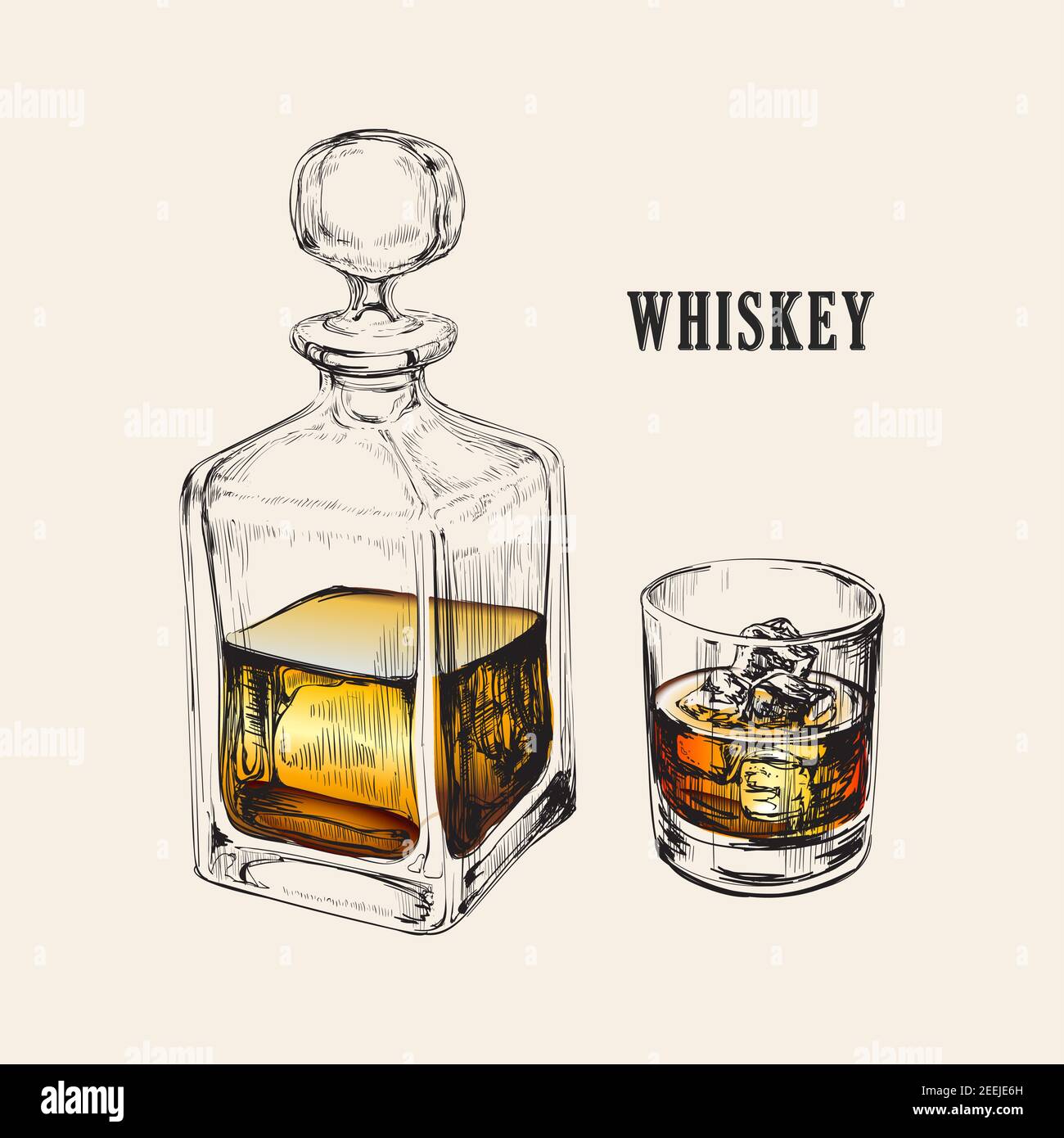 Sketch Whiskey Bottle and Glass. Hand Drawn Drink Vector Illustration ...