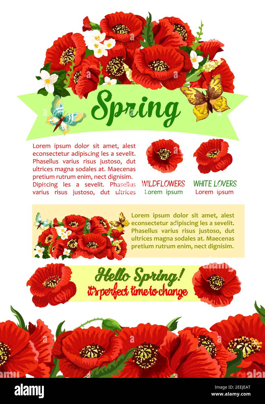 Spring holidays greeting poster with springtime flower. Ribbon banner ...