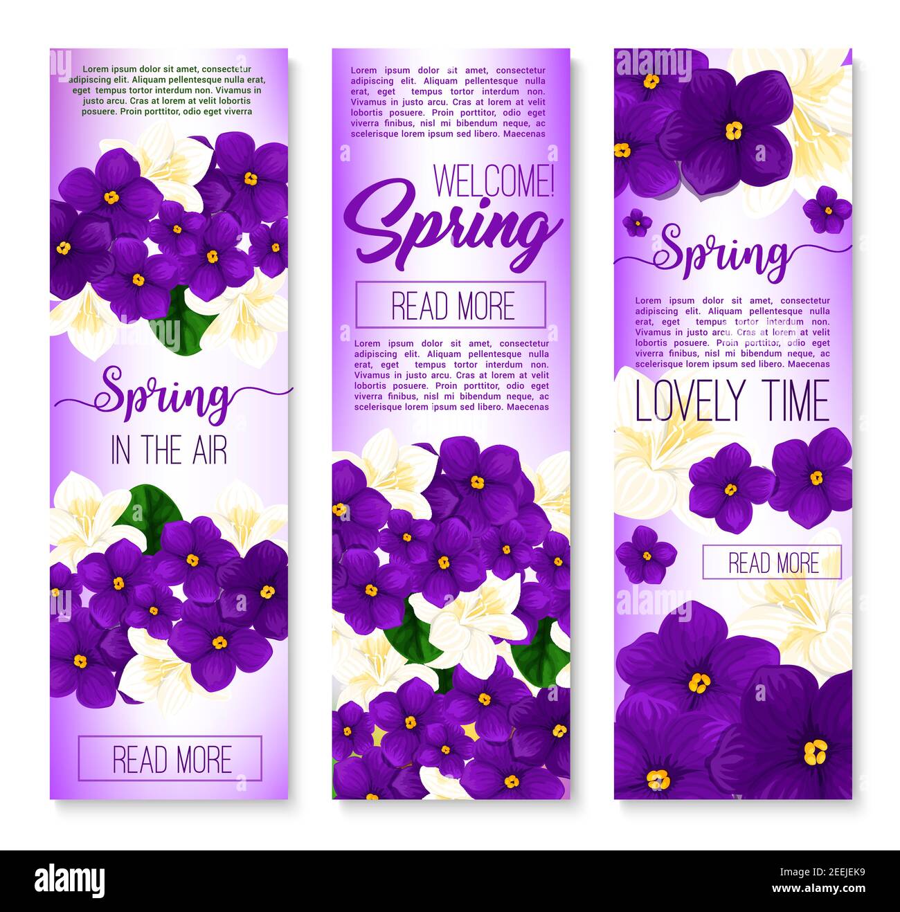 Spring flower welcome banner set. Blooming flowers of crocus, violet ...