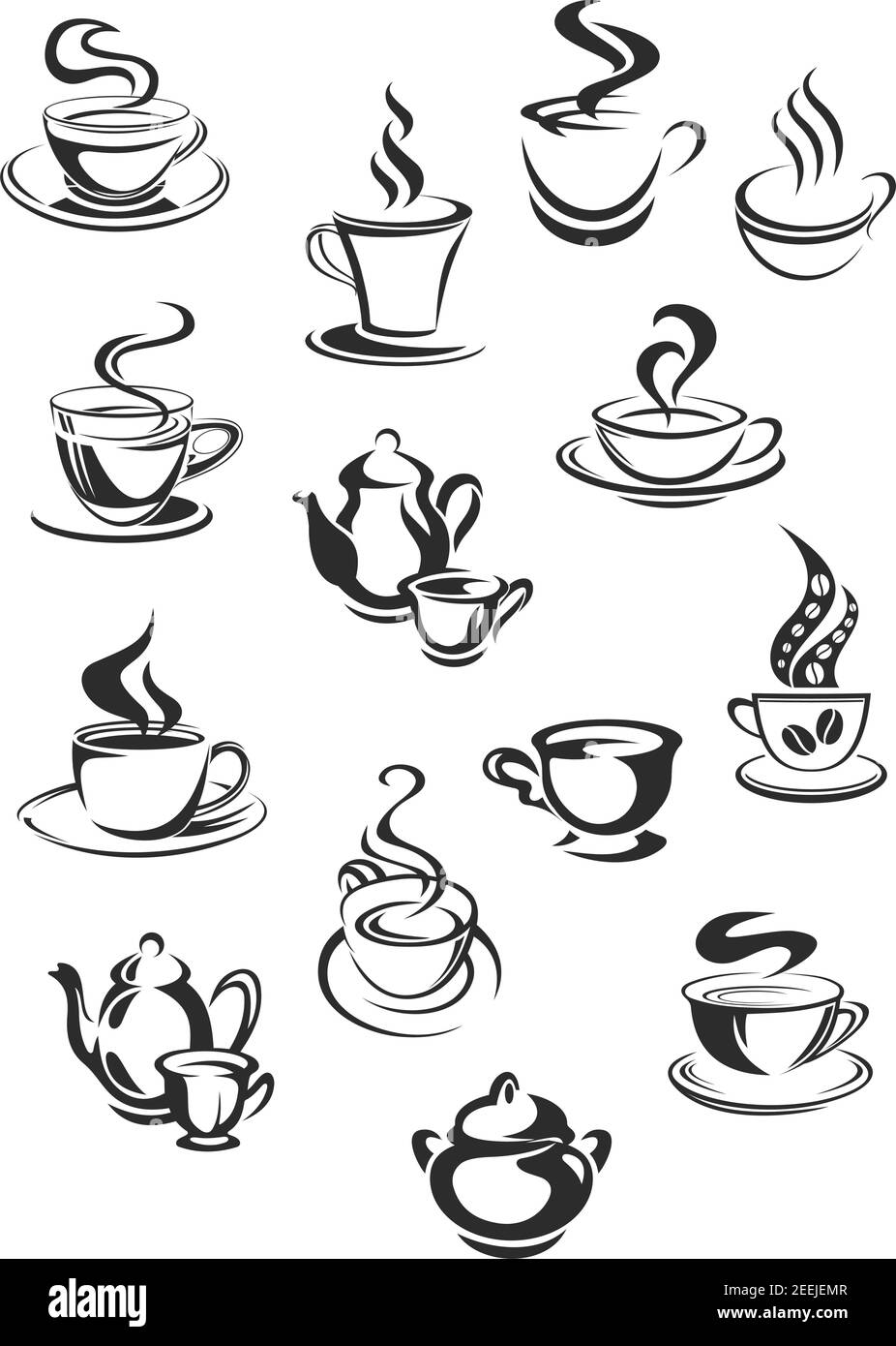 Cups of coffee or tea vector isolated icons set for coffehouse ...
