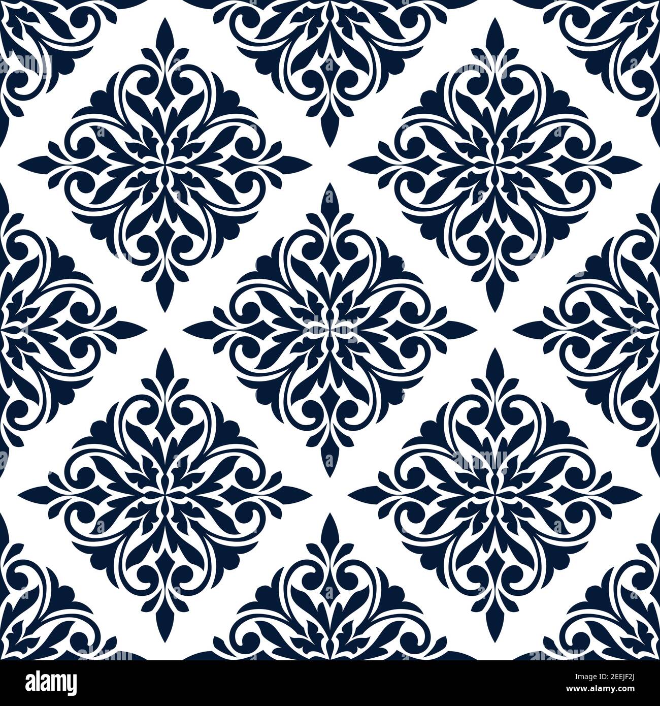 Floral seamless pattern of blue damask ornament on white background ...