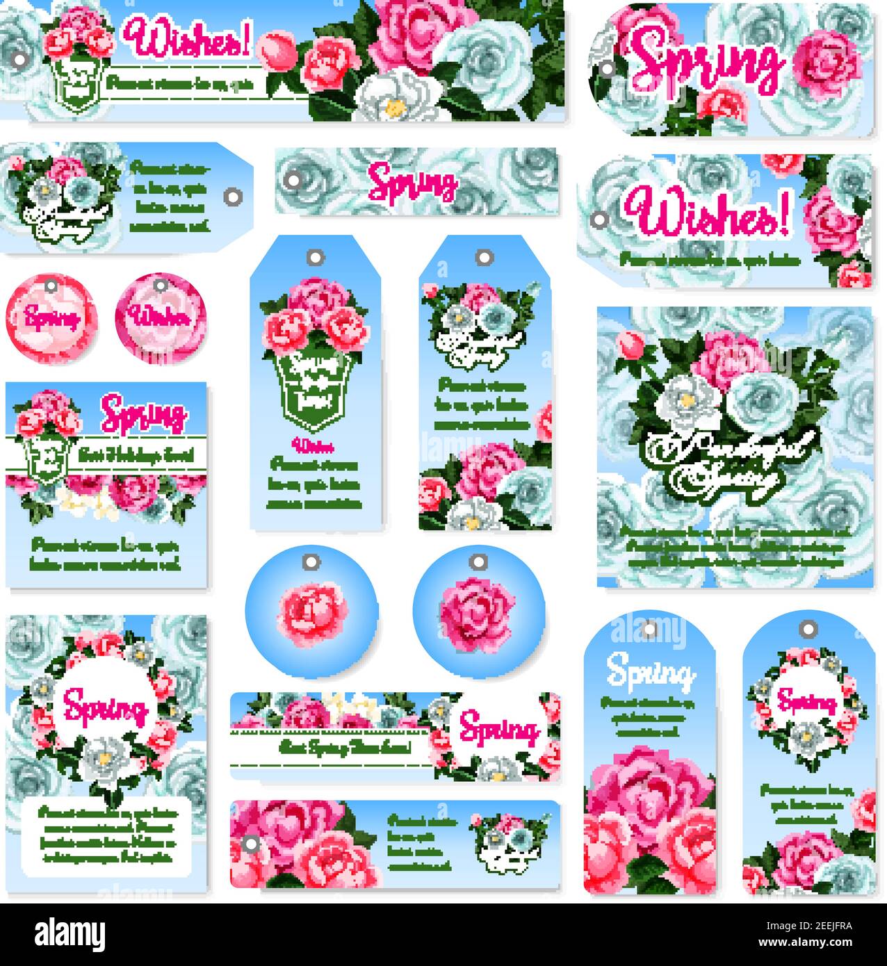 Spring rose flower tag and label set. Spring flower bouquet and frame ...