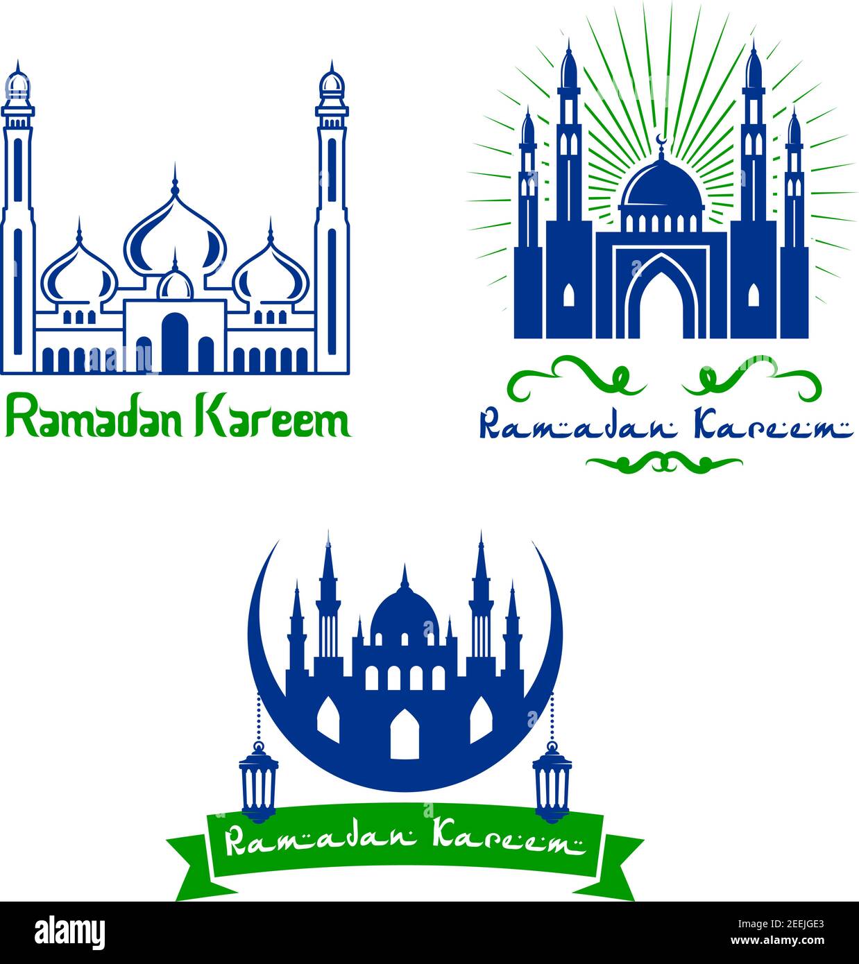 Ramadan Kareem greeting design of mosque and crescent moon, lanterns ...