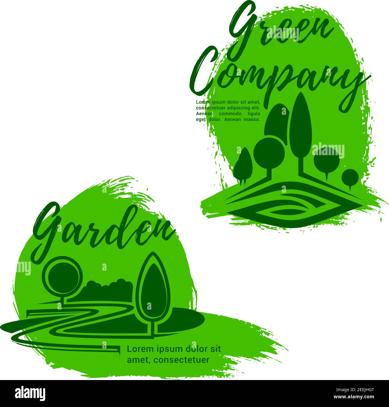 Landscape design service isolated emblem set. Green tree, figured lawn ...