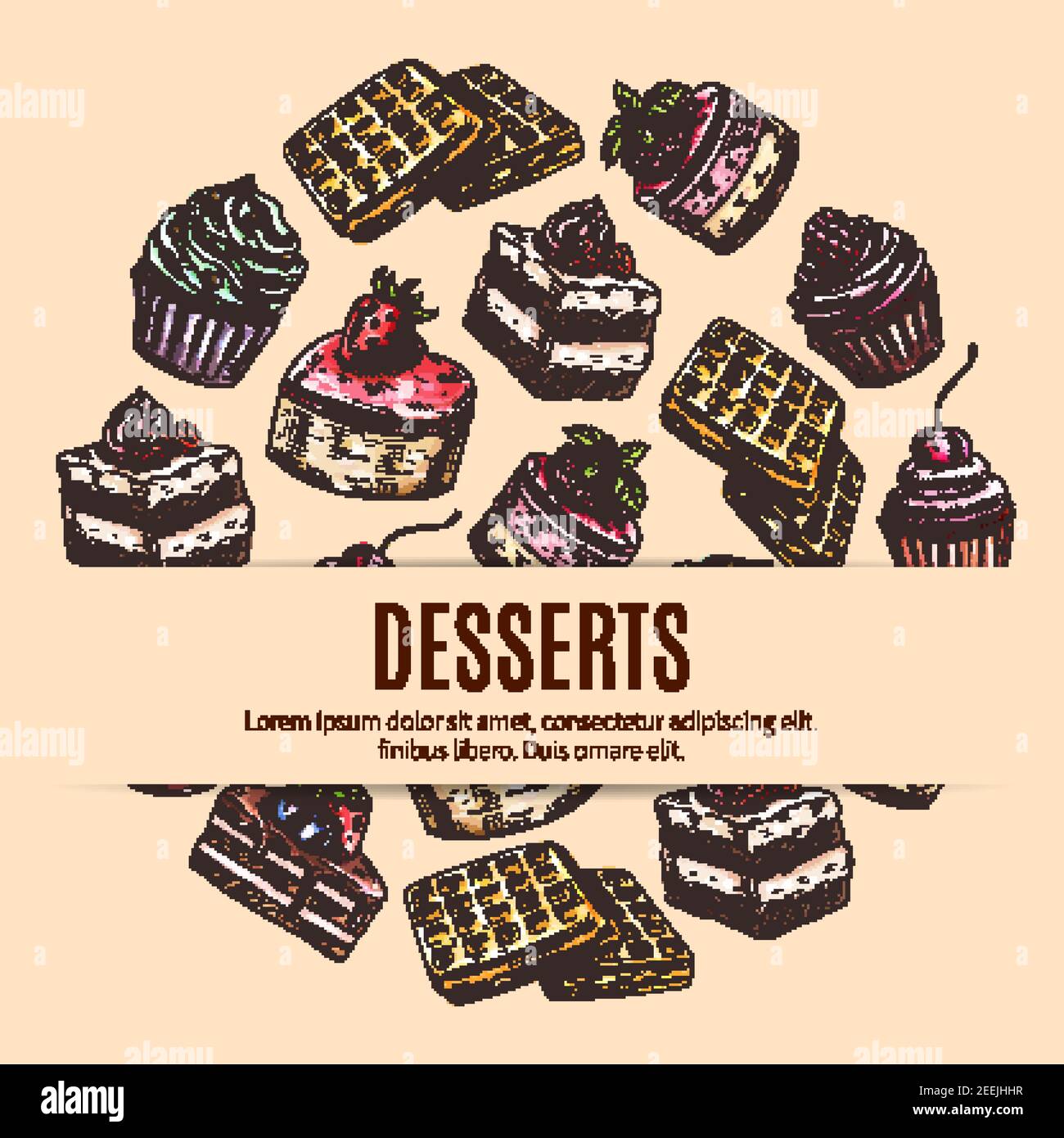 Cake desserts poster with round badge of chocolate cake, cupcake ...