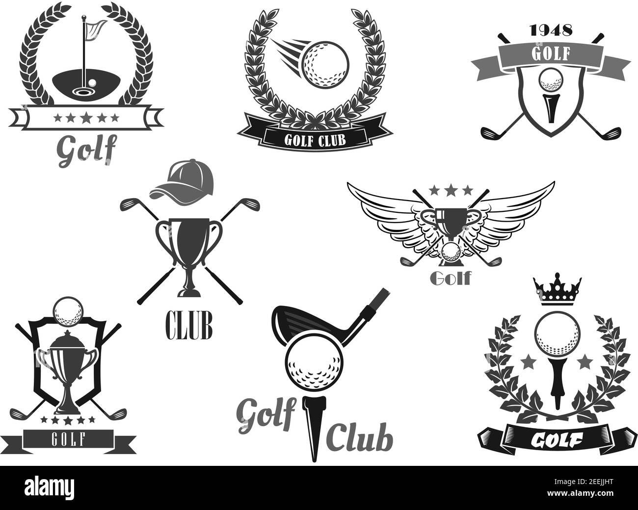 Golf sport club symbol set. Golf club with ball on tee, champion trophy ...