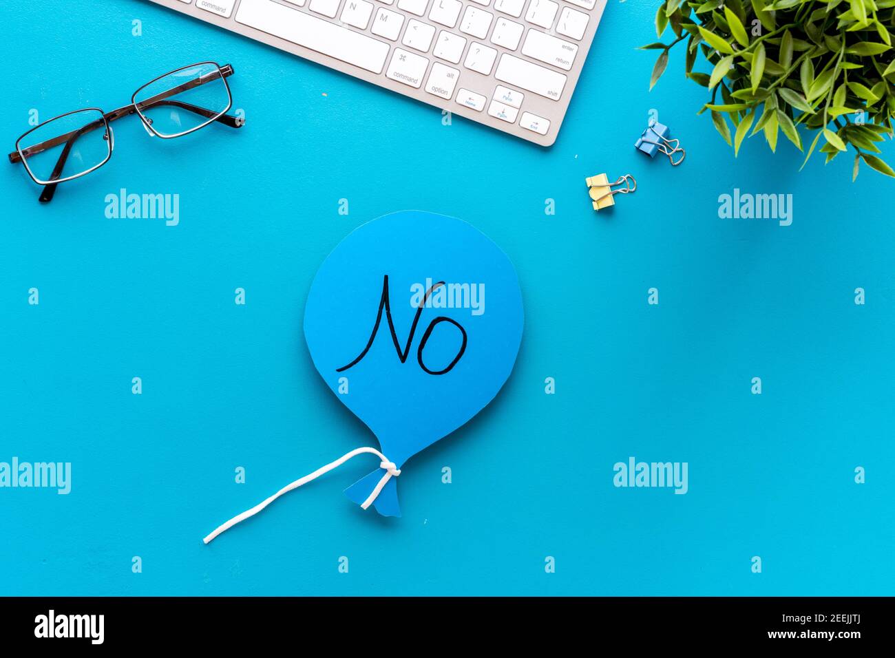 No rejection - decision concept. Word No on the working table. Top view ...