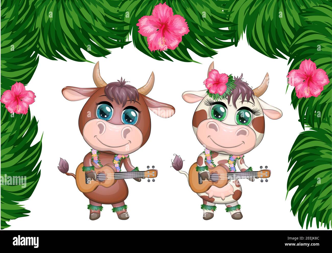 Cute cartoon bull, cow with beautiful eyes, Hawaiian hula dancer ...
