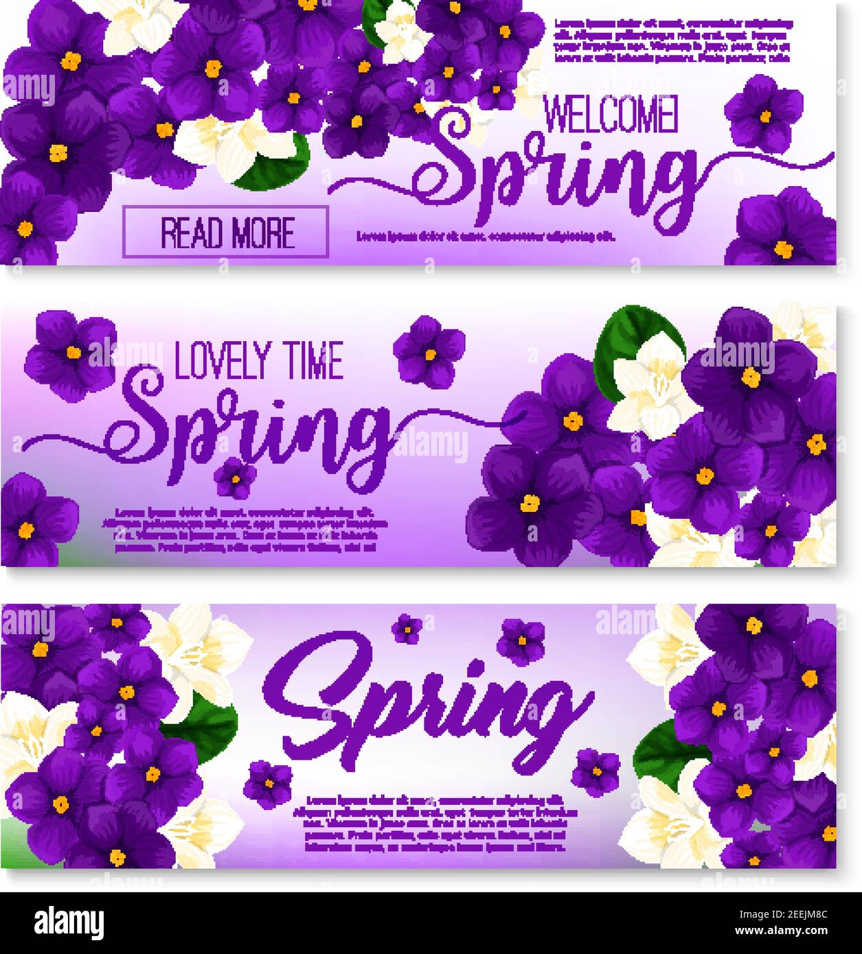 Welcome spring floral banner set. Spring flower bouquet of violet and ...