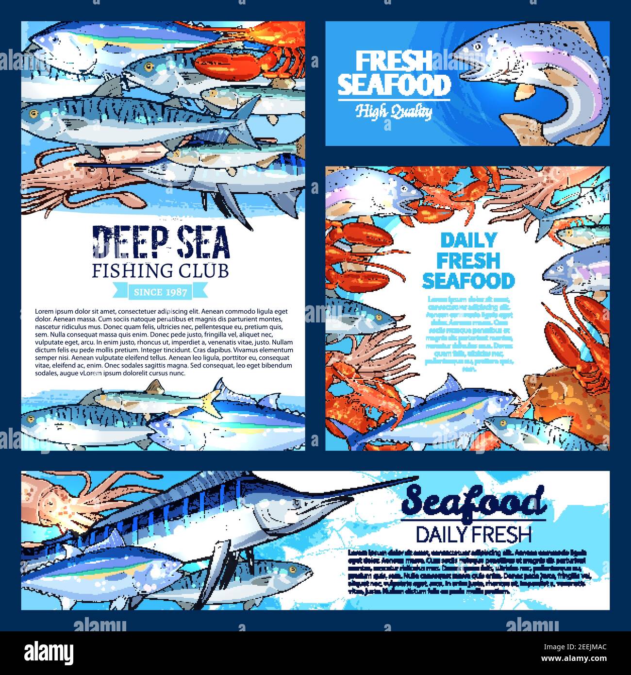 Fresh fish and seafood banner, sea fishing poster set. Salmon, crab ...
