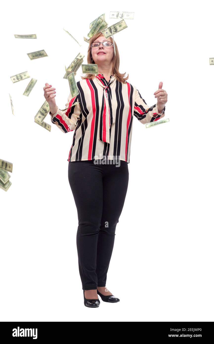 in full growth. happy woman standing in the rain of money Stock Photo ...