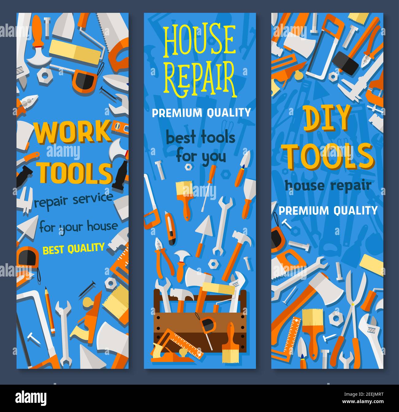 Repair and construction tool cartoon banner. Screwdriver, hammer ...