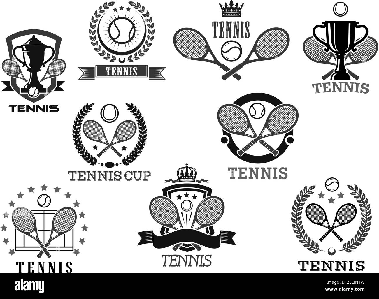 Tennis club isolated vector icons of of tennis ball and rackets ...