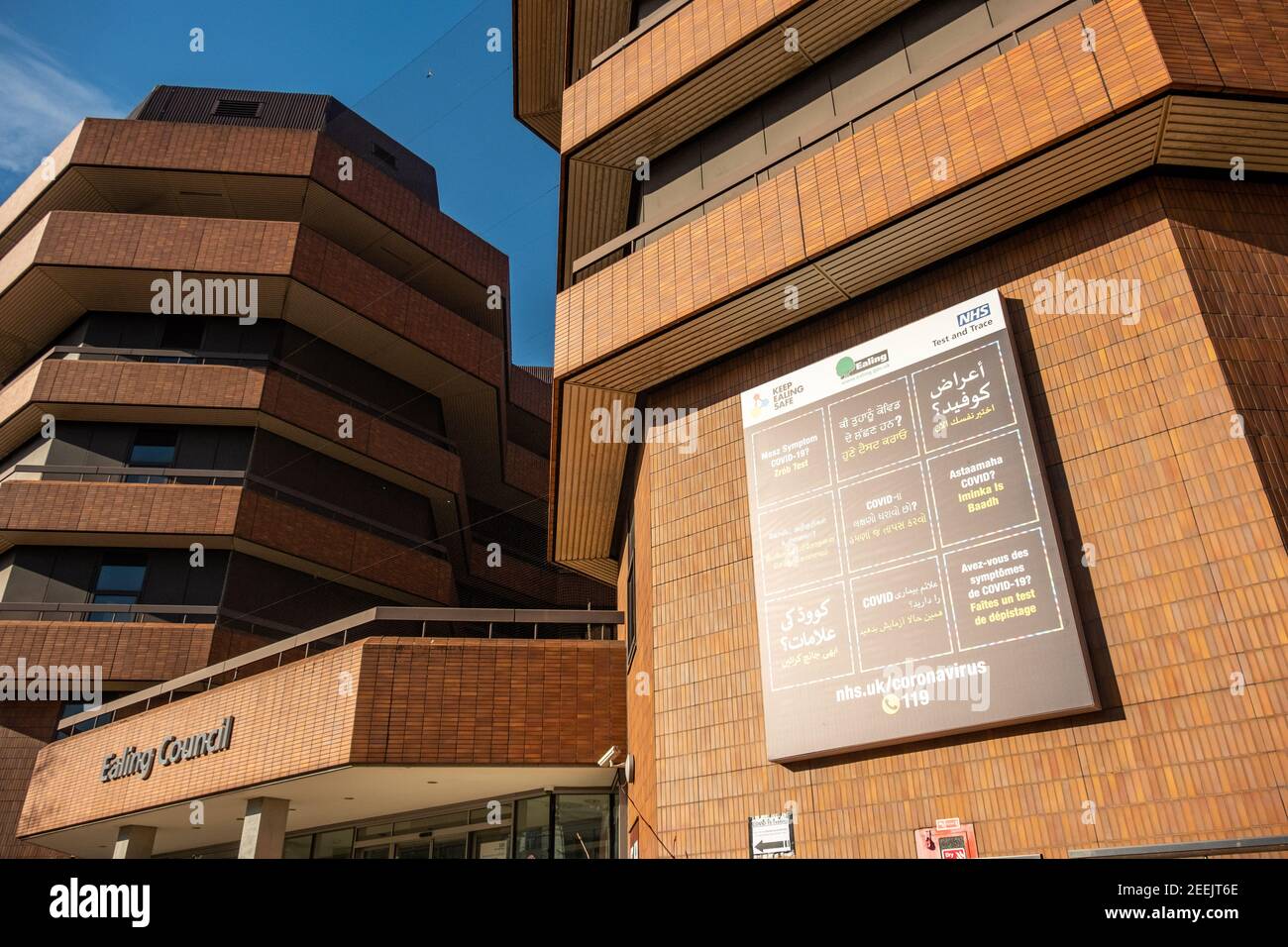 London- February, 2021: Covid 19 NHS Information sign on Ealing council ...