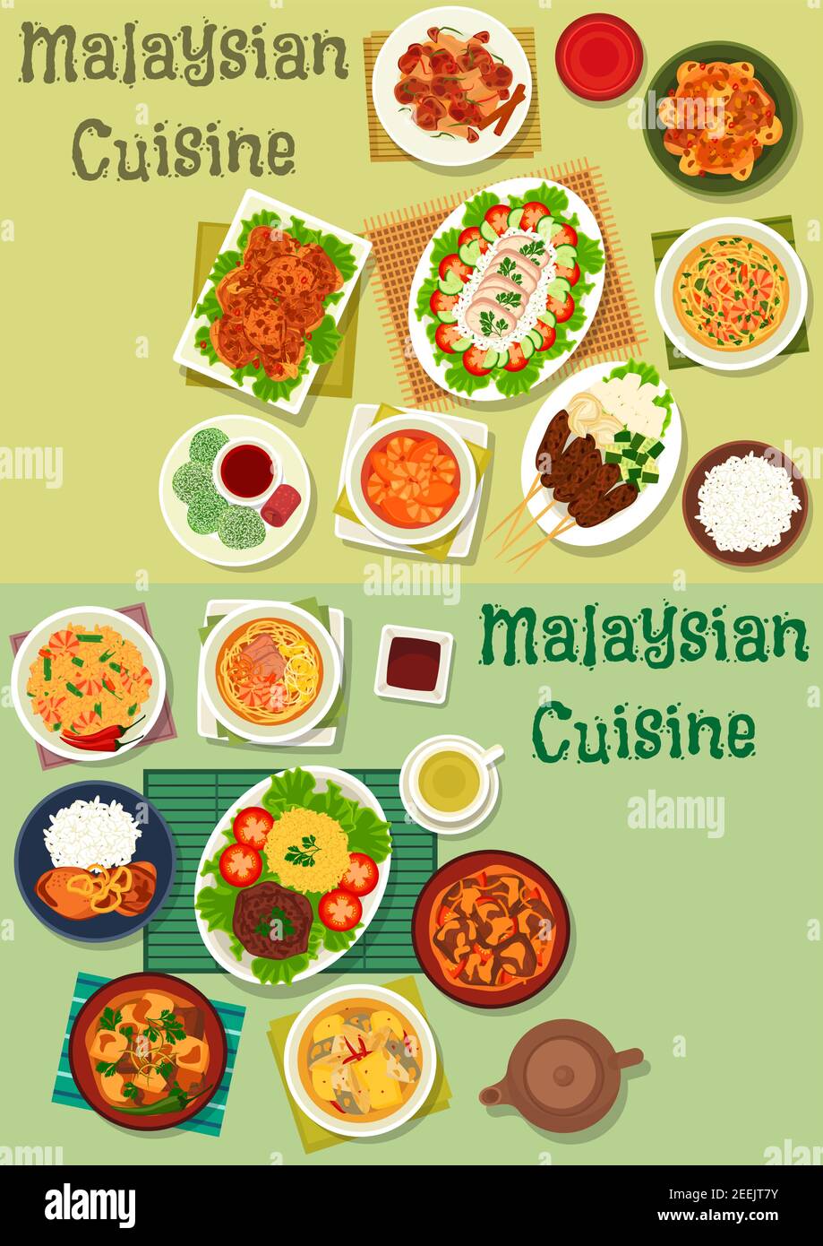 Malaysian cuisine healthy food icon set of chicken and beef with rice ...