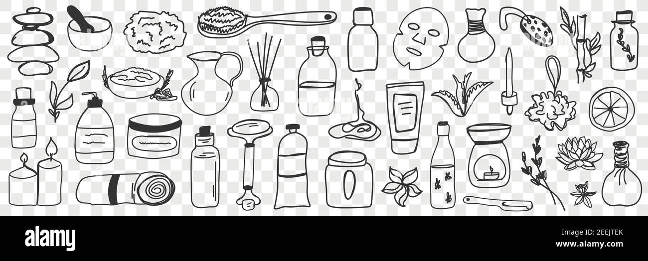 Beauty treatments and cosmetics doodle set. Collection of hand drawn ...