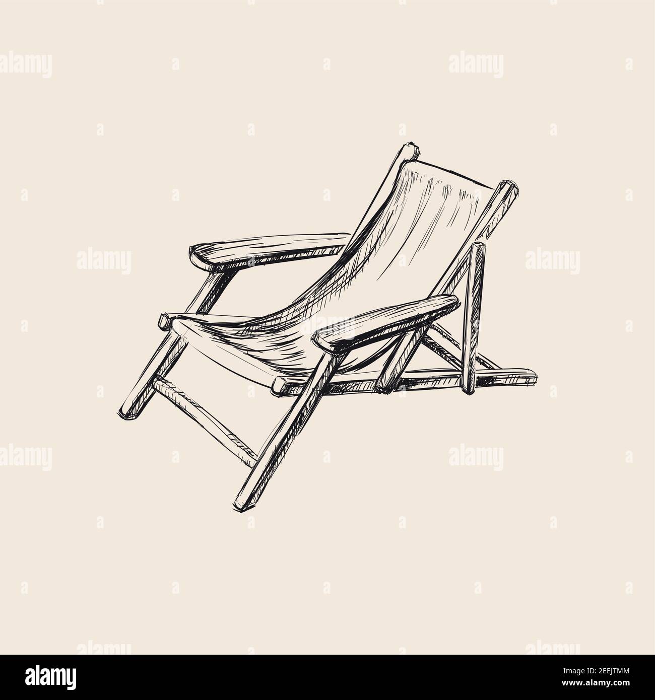 Wooden Collapsible Chaise Lounge for Rest. Hand Drawn Sketch Vector ...