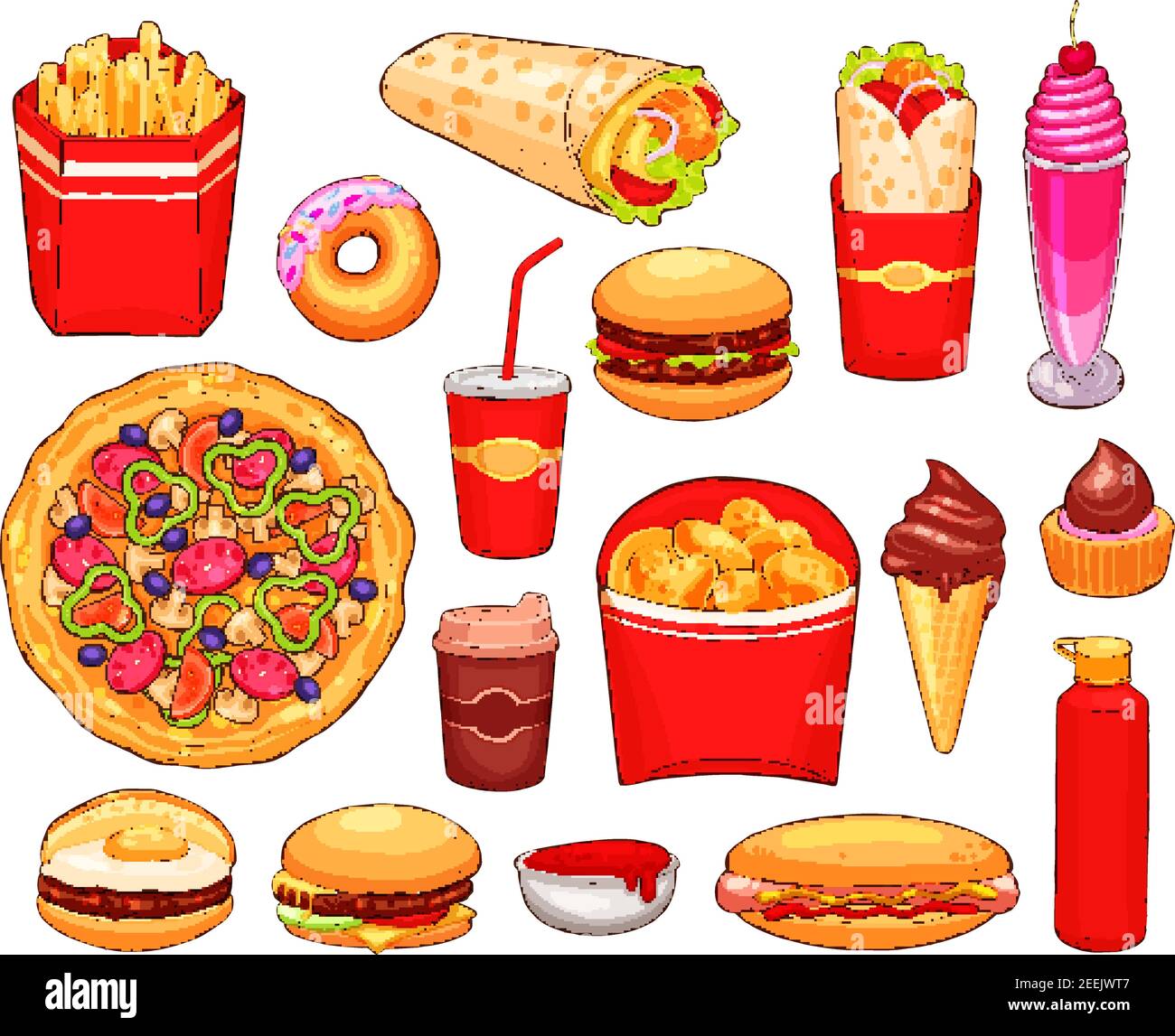 Fast food meal and drink sketches. Hamburger and hot dog, pizza, donut ...